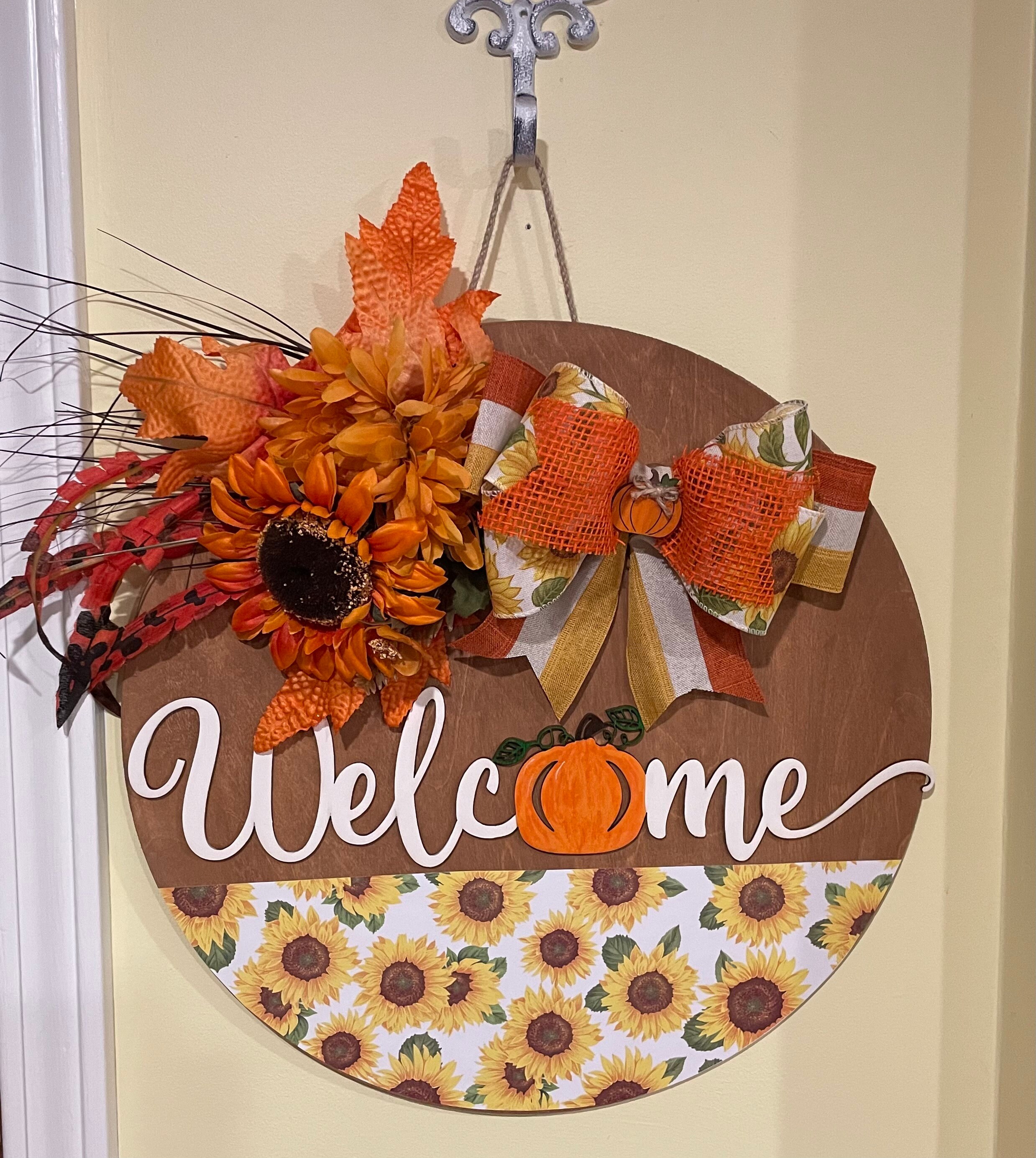 Welcome Fall Wood Round Door Hanger Sunflowers and Pumpkins - Etsy