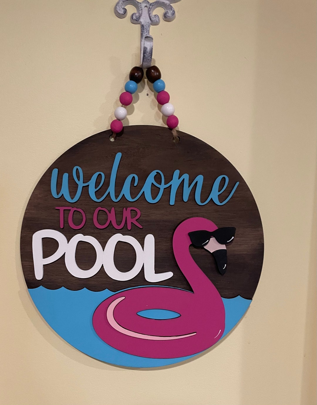 Welcome to Our Pool Wood Round Hanger, Pool and Flamingo Sign, Hanging ...