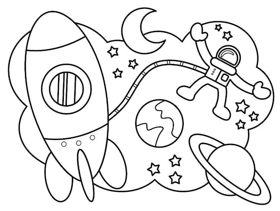 Rocket Ship & Astronaut Colouring Page | Etsy