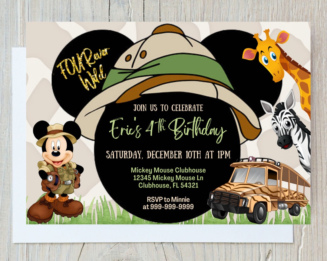 FOUREVER WILD Mickey Mouse Safari Birthday Invitation, Cute Boy ...