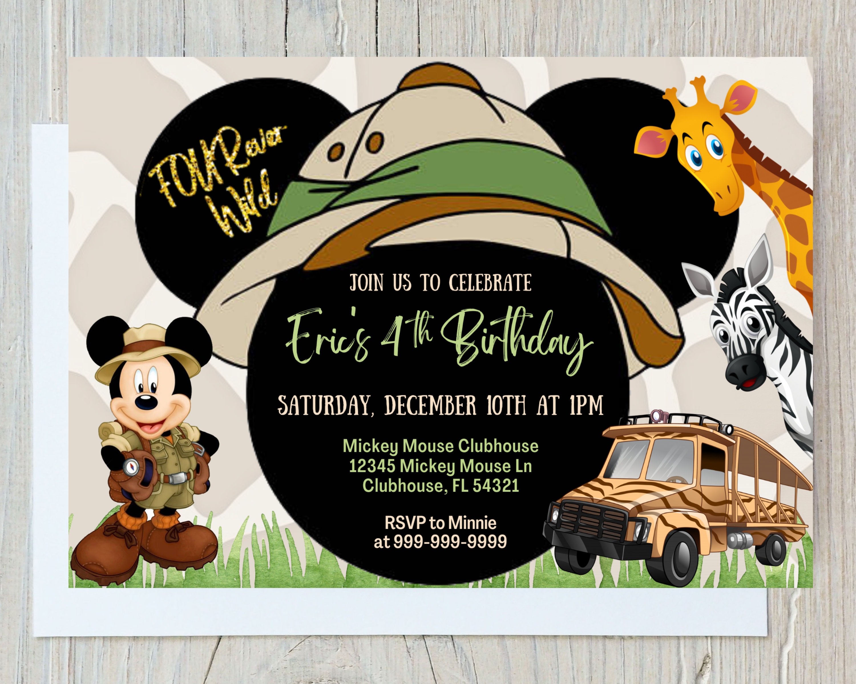 FOUREVER WILD Mickey Mouse Safari Birthday Invitation, Cute Boy ...