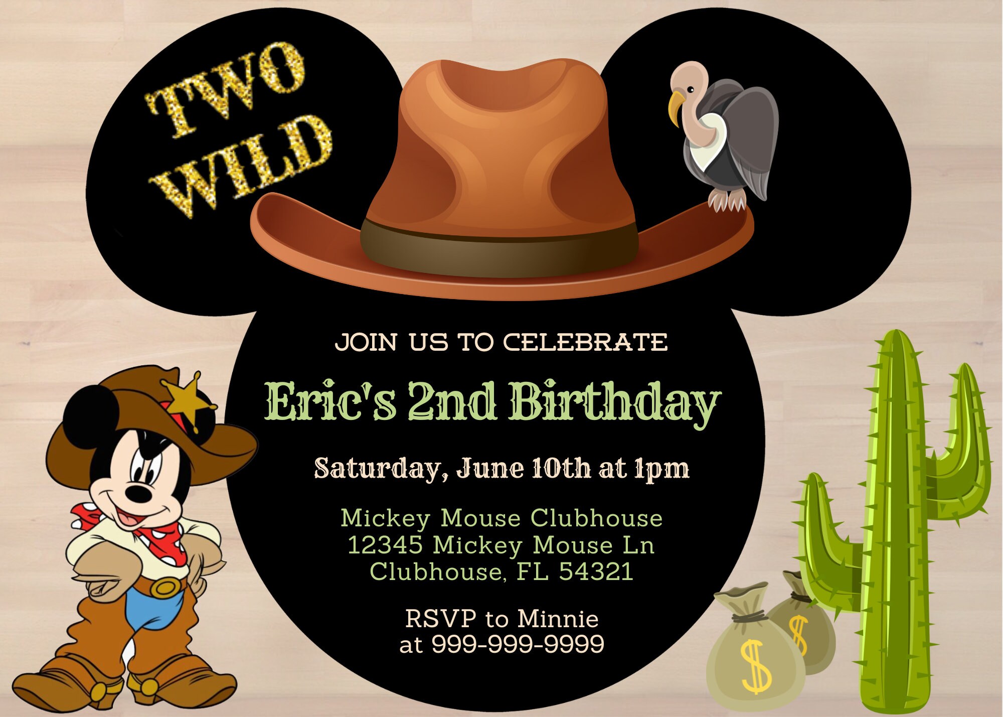 TWO WILD Mickey Mouse Wildwest Birthday Invitation, Cute Toddler Boy ...