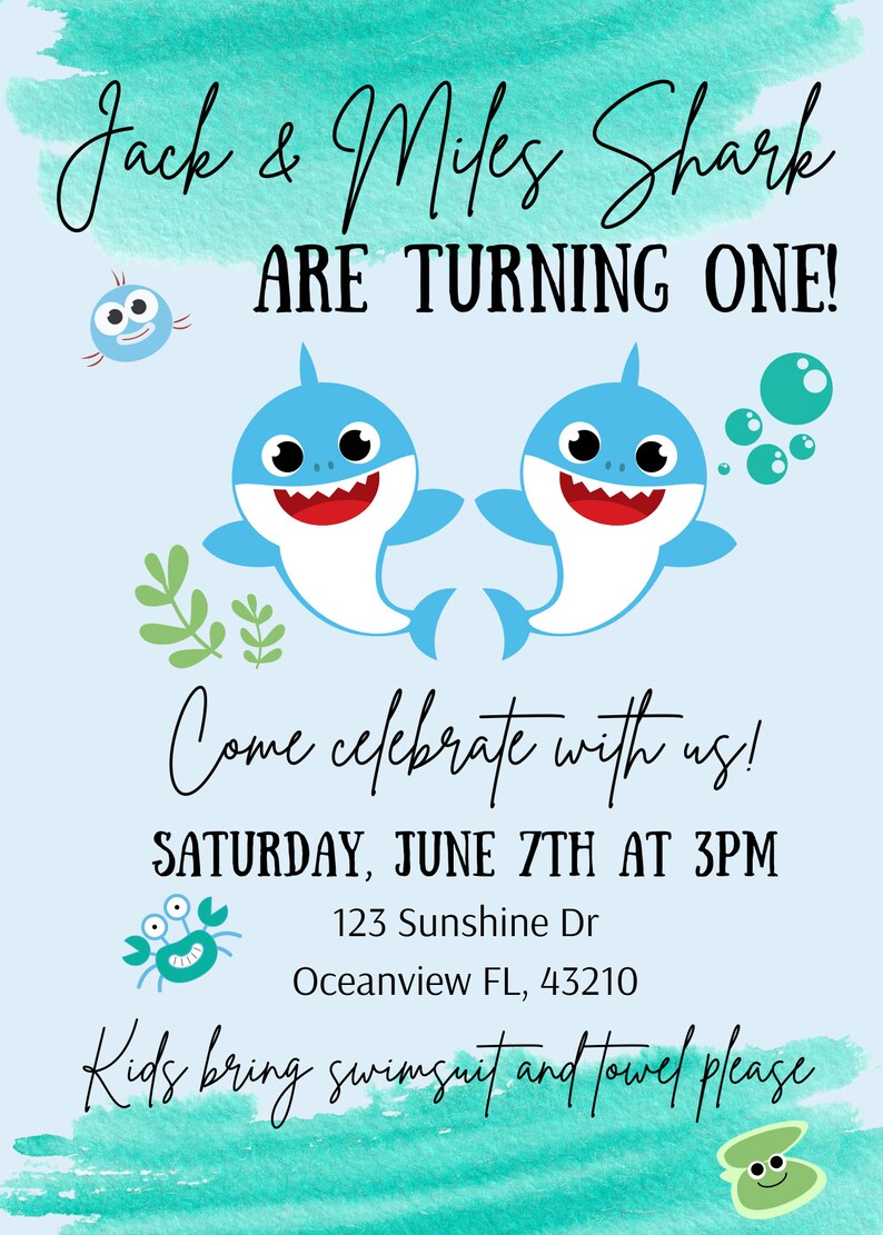 BABY SHARK Twin Boy Birthday Invitation, Cute Twin Shark Invitation ...