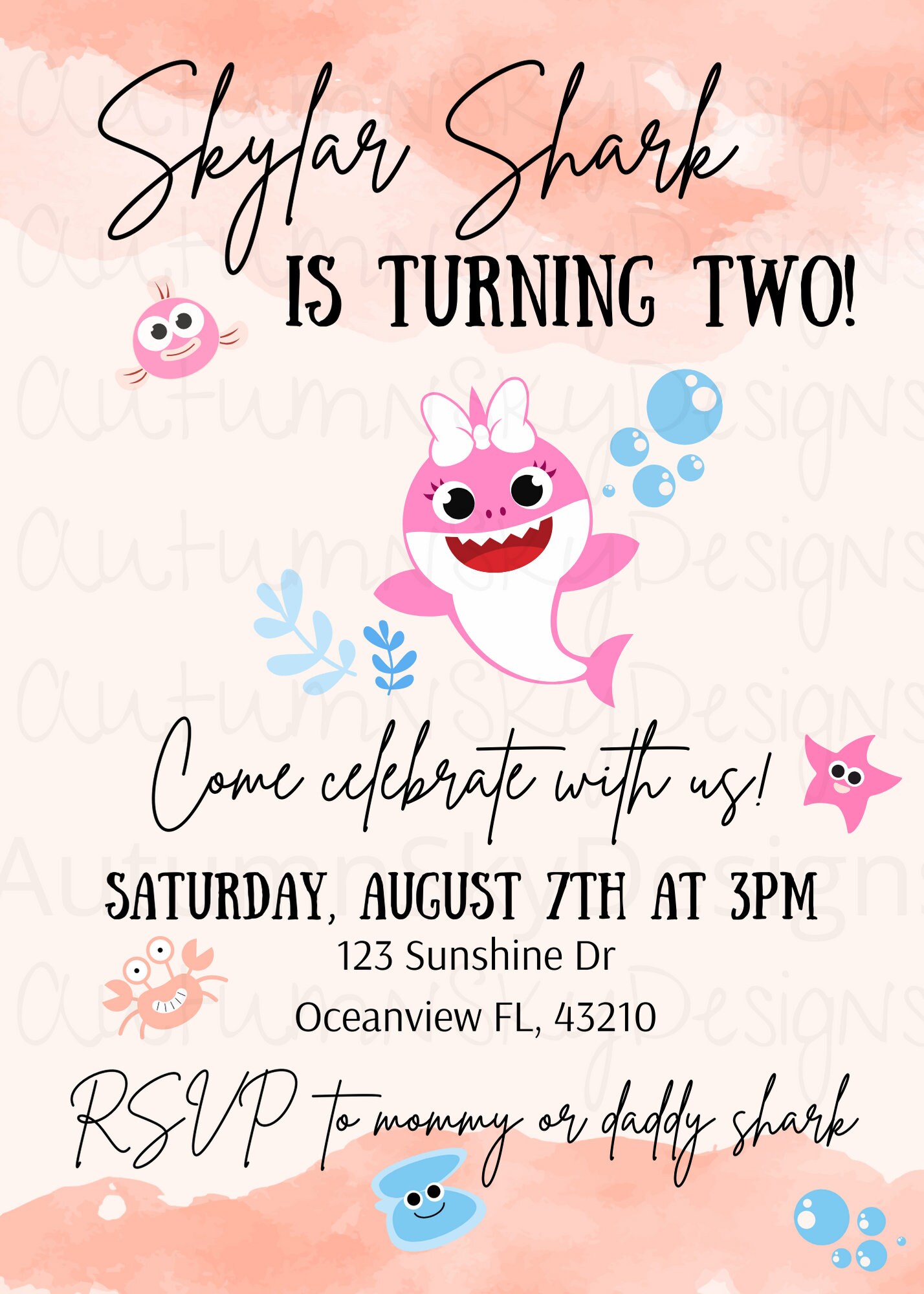 Baby Shark Birthday Invitation, Cute Baby Girl Shark Invitation, Baby ...