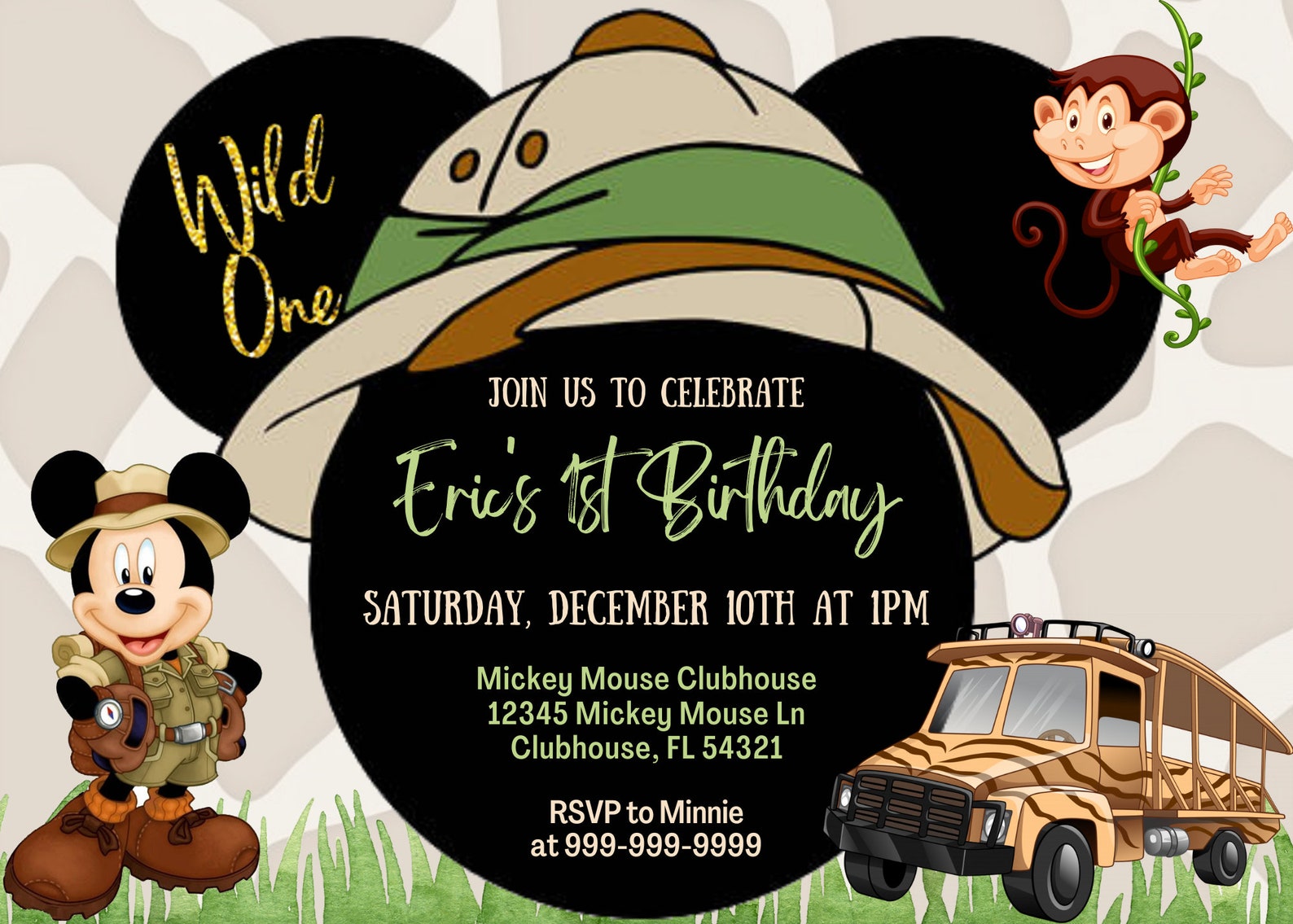 WILD ONE Mickey Mouse Safari Birthday Invitation Cute Baby - Etsy