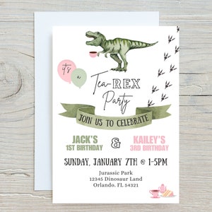 TEA-REX Birthday Party Invite, Baby Boy Invitation, Baby Girl ...