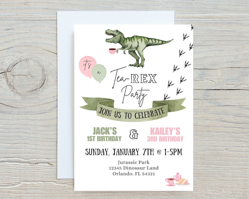 TEA-REX Birthday Party Invite, Baby Boy Invitation, Baby Girl ...