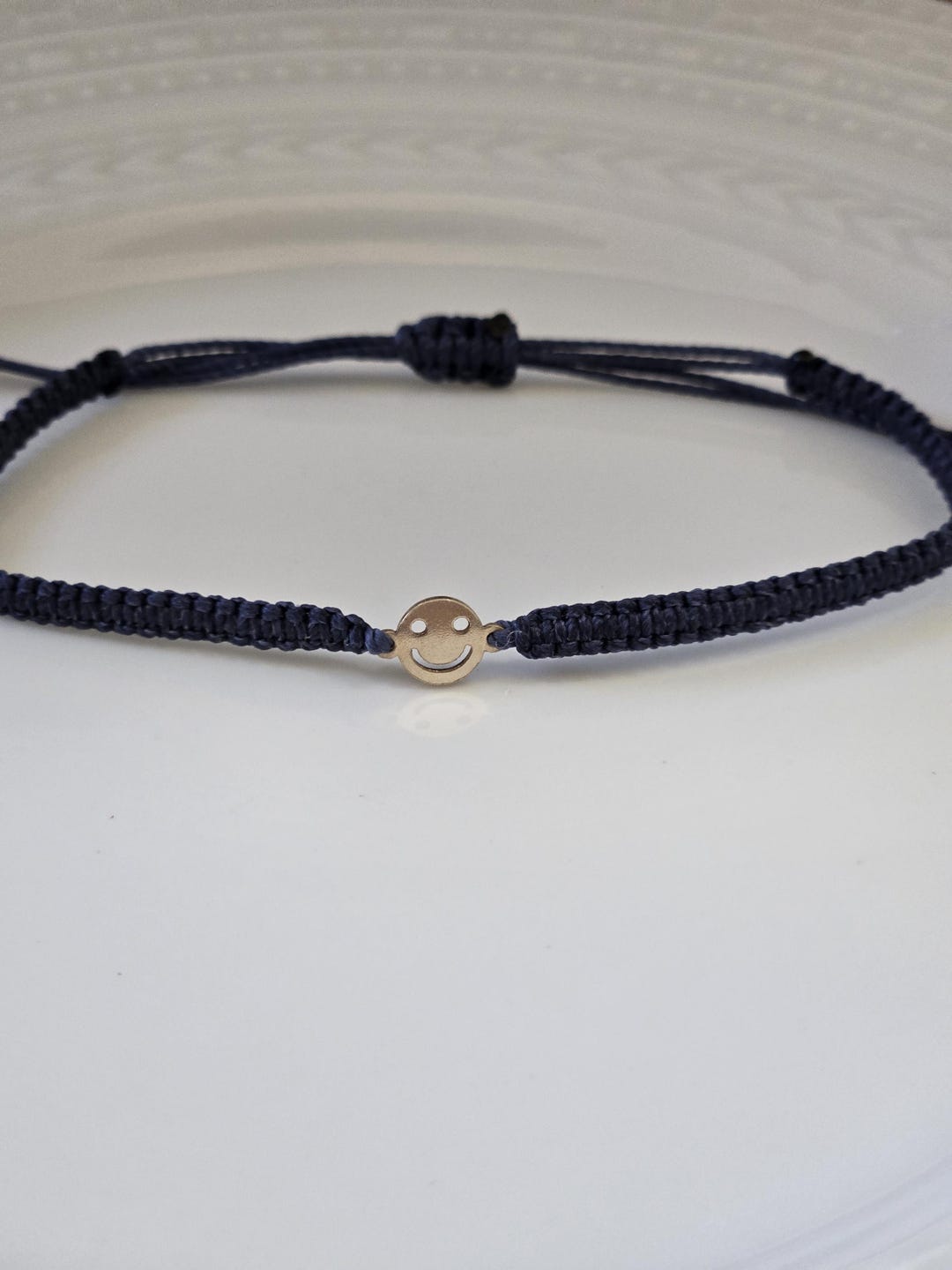 Macrame Adjustable Cord Bracelet, 14k Gold Filled Charm, Smiley Face ...