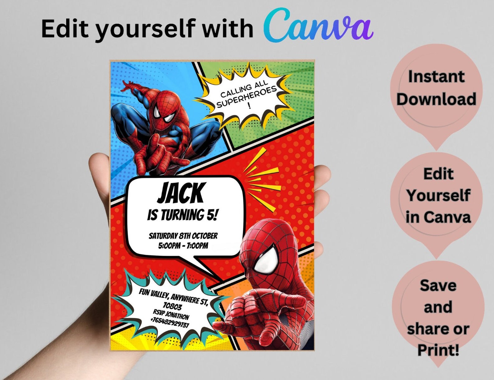 Spiderman Birthday Invitation, Editable Spider-man Invite, Digital Kids ...