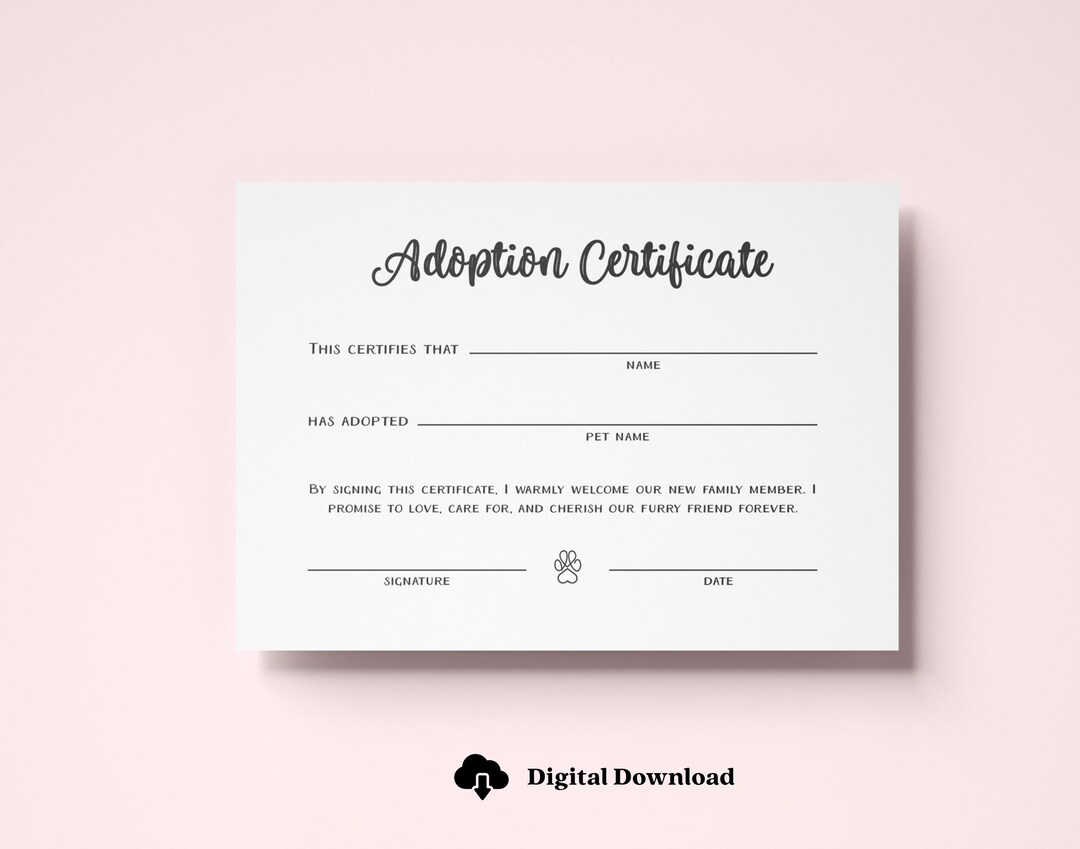 Cursive Pet Adoption Certificate | Dog Adoption Certificate | Cat ...