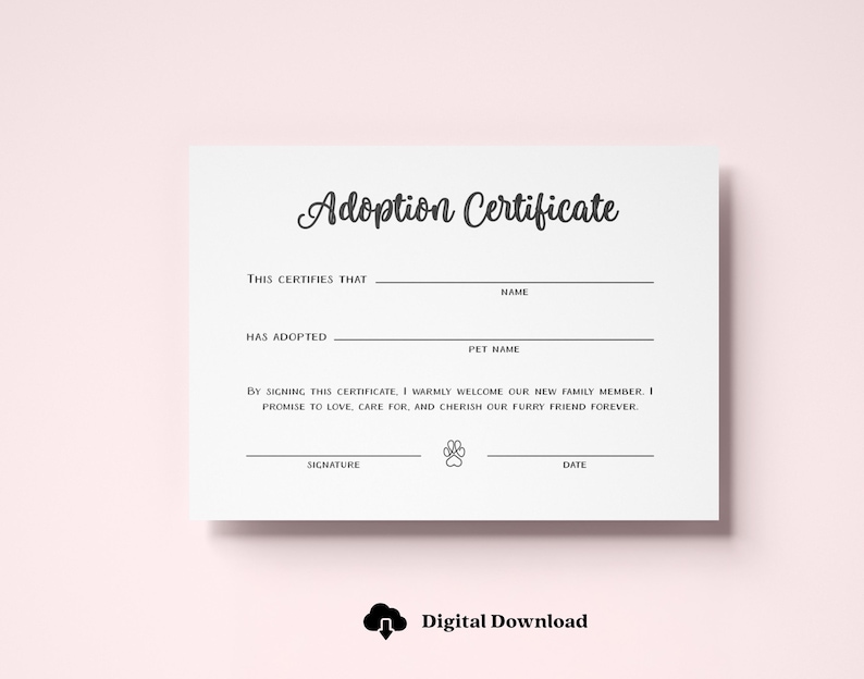 Cursive Pet Adoption Certificate: Dog & Cat Keepsake (digital Download ...