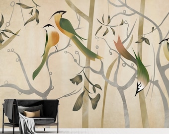 BIRD WALLPAPER FLORAL Wall Mural Large Wall Mural Adhesive - Etsy