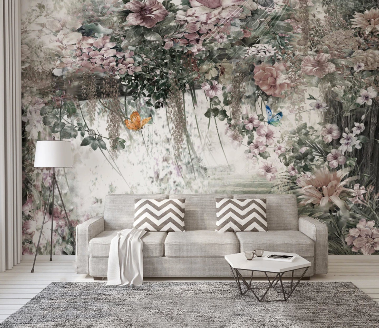 Boho Flowers Light Wallpaper, Floral Peel and Stick Wall Mural ...