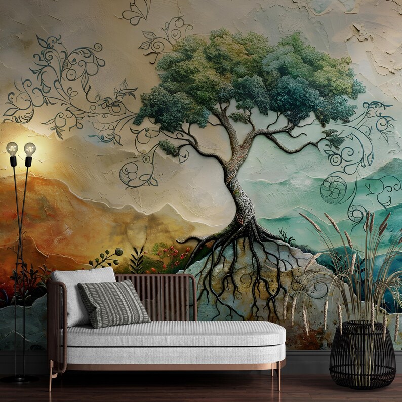 Tree of Life Wallpaper, Oversized Botanical Wall Mural, Removable 3D ...