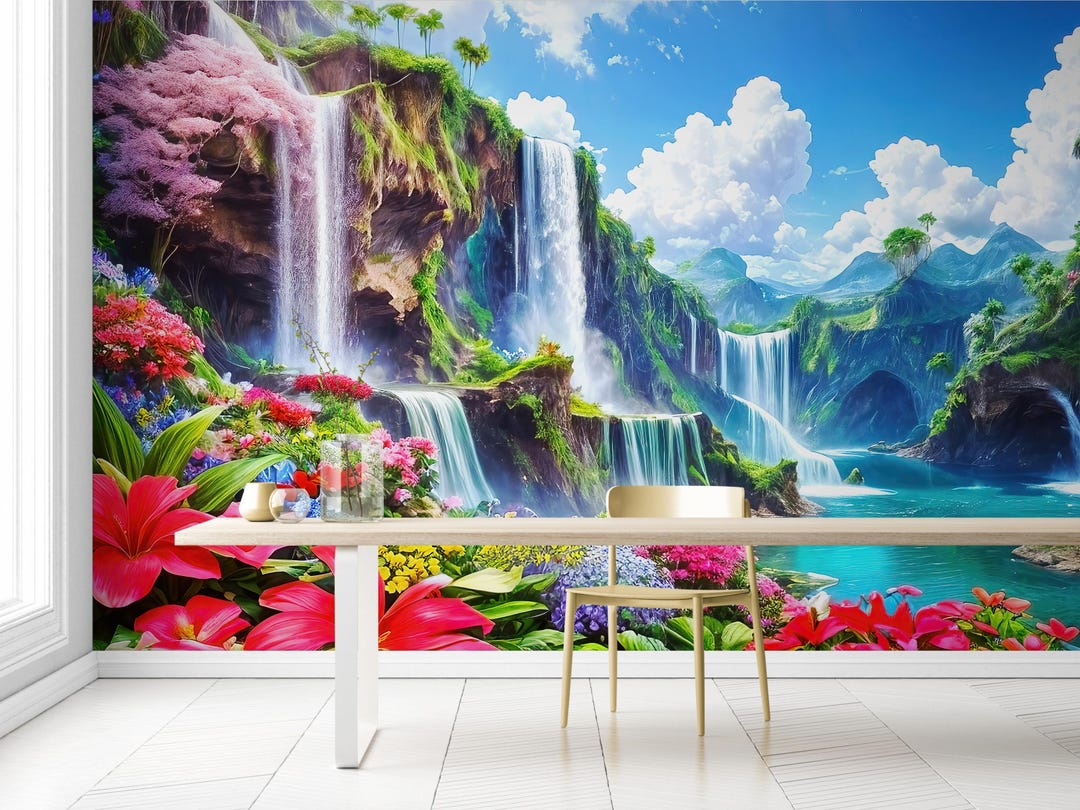 Waterfall Wall Mural, Colorful Floral Wallpaper, Peel and Stick ...