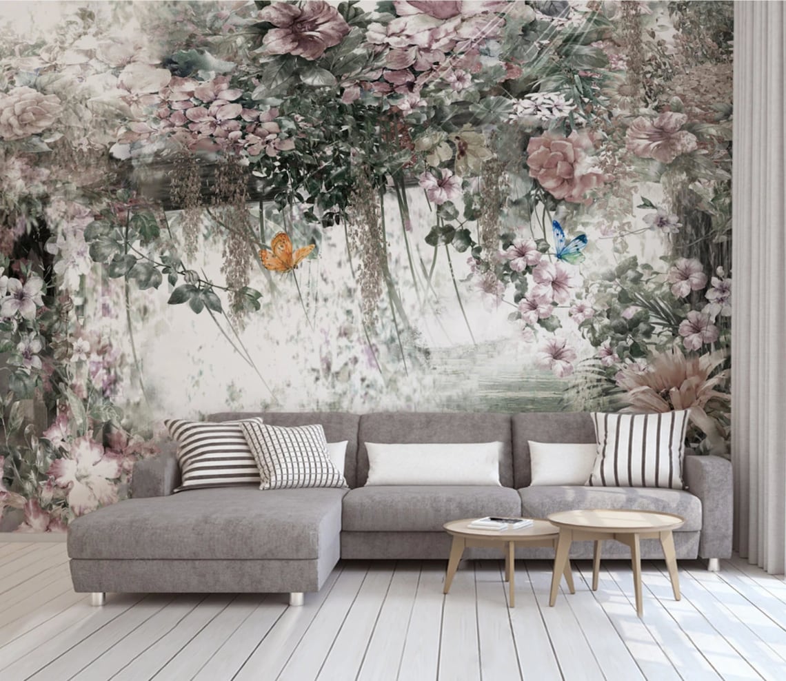 Boho Flowers Light Wallpaper Floral Peel and Stick Wall - Etsy