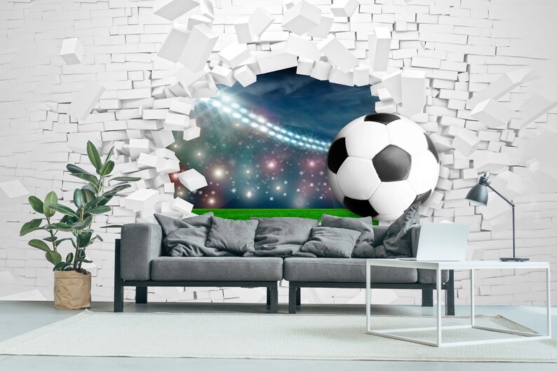 3D Soccer Ball Brick Wall Mural - Peel and Stick Wallpaper - Etsy