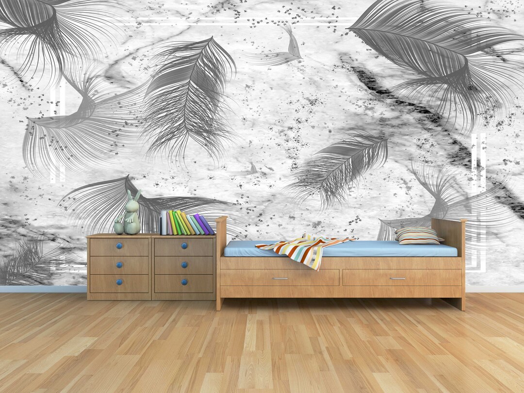 Feather Marble Peel and Stick Wallpaper: Abstract Black White Wall ...