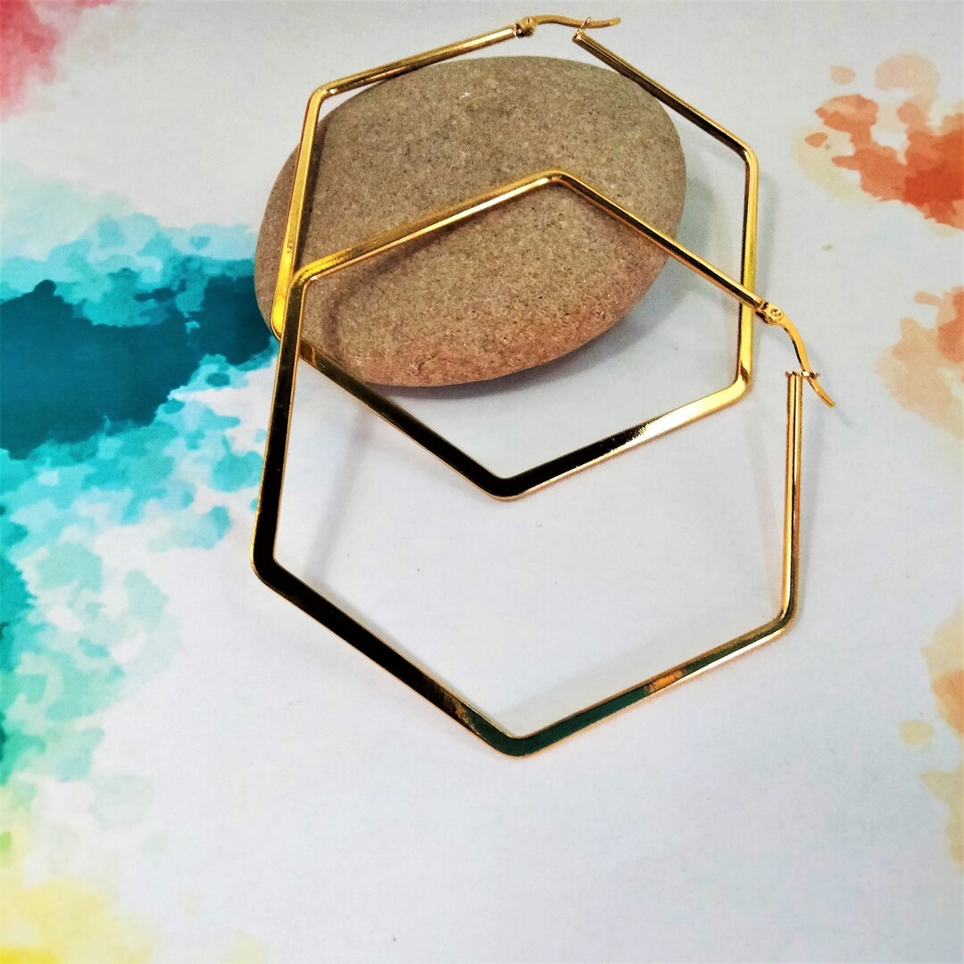 Gold Hexagon Hoop Earrings, Stainless Steel Hoops, Big Hexagon Hoops ...