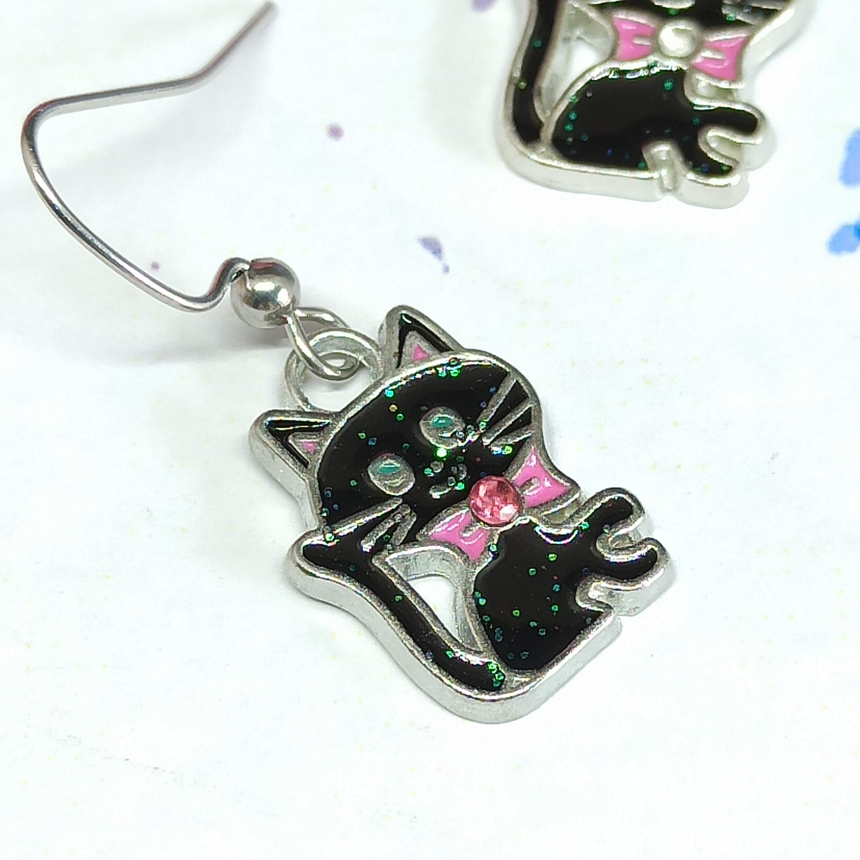 Glittering Cat Earrings, Black Cat Earrings, Stainless Steel Earrings ...
