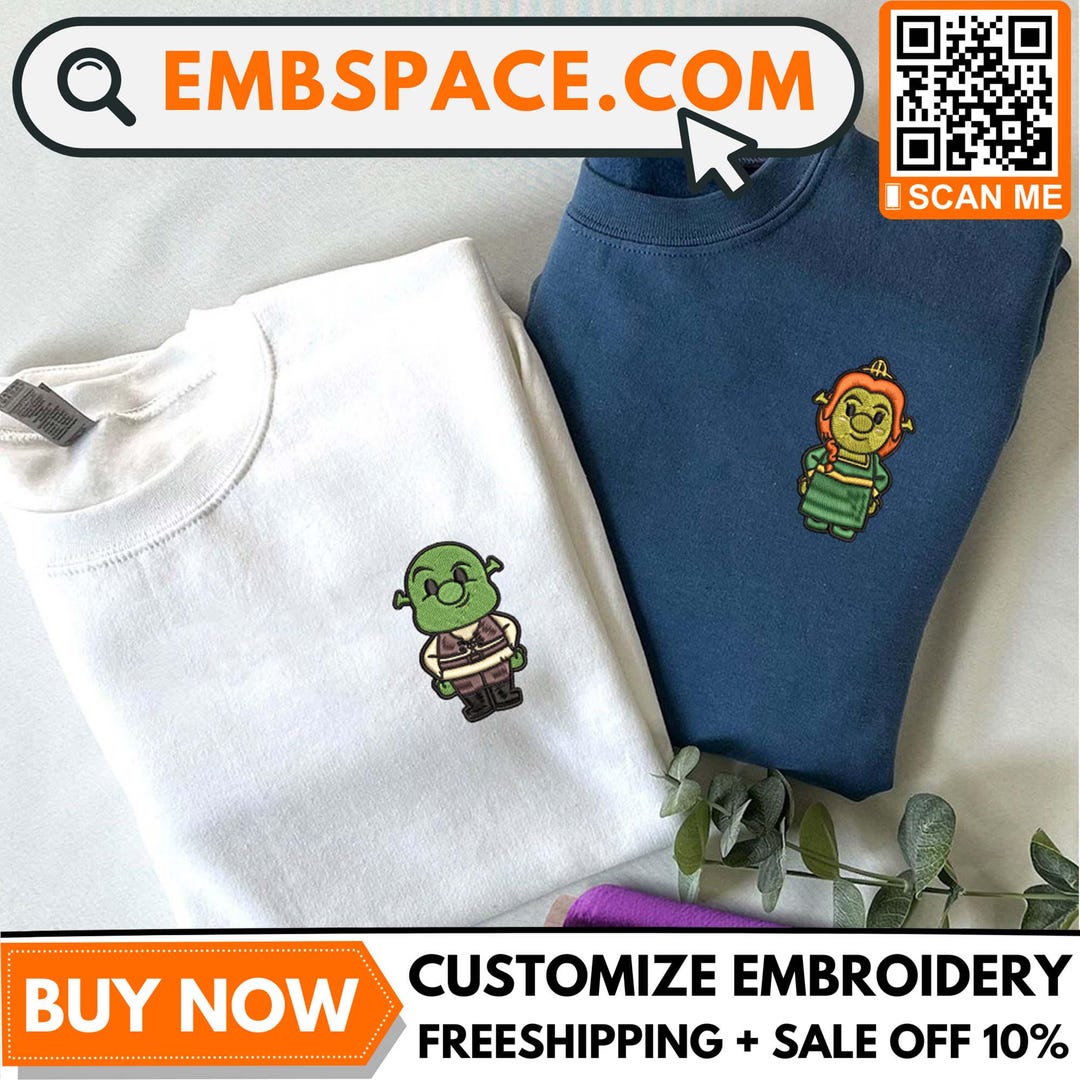 Shrek and Princess Fiona Embroidery Shirt, Cartoon Couples Embroidery ...