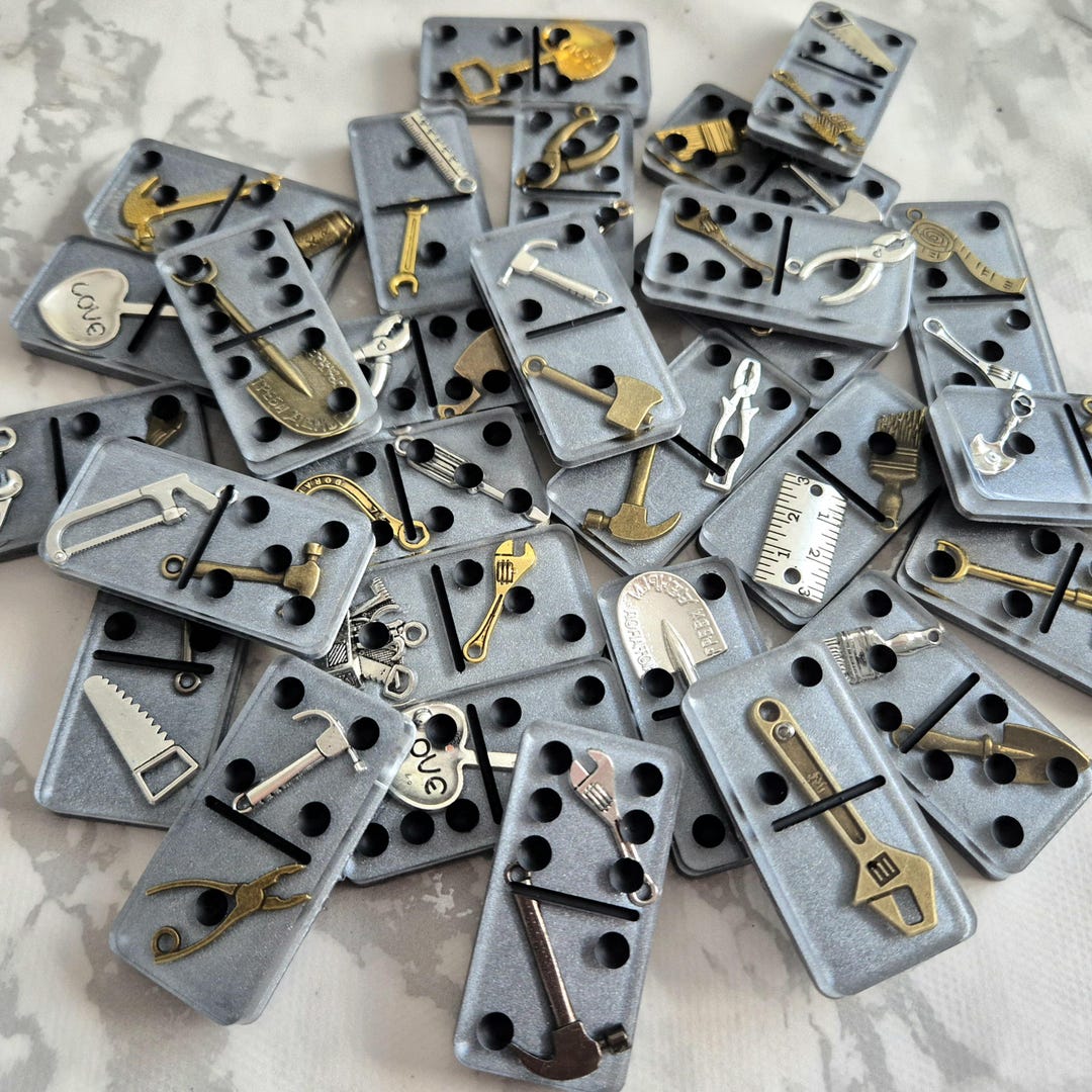 Handmade Resin Domino Set With Miniature Tools – Metallic Gray Back ...