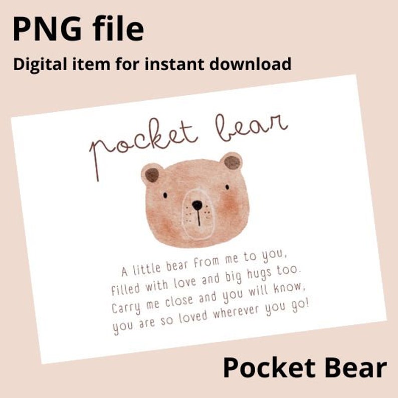 Pocket Bear Card PNG File Instant Download Printable Pocket Hug Worry ...