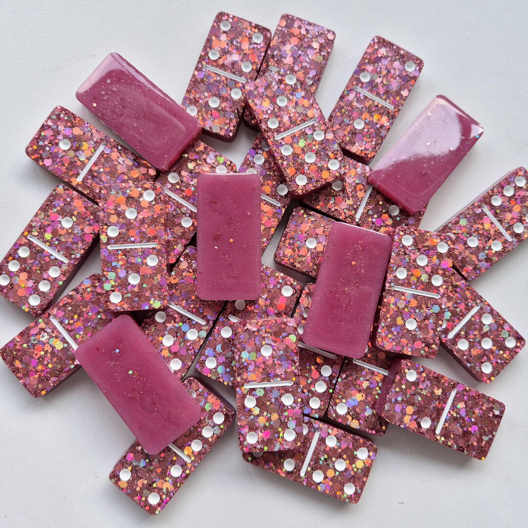Domino Set Pink Holographic Glitter & White Dots Resin Art Handmade ...