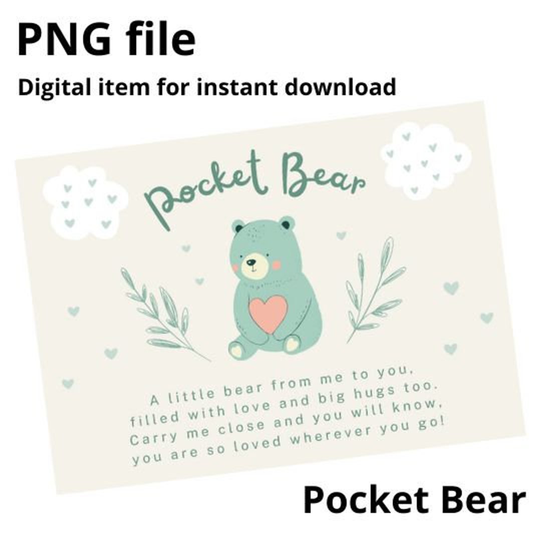 Pocket Bear Card PNG File Instant Download Printable Pocket Hug Worry ...