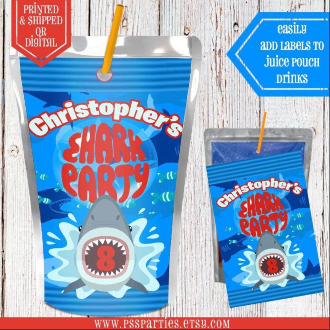 Shark Juice Pouch Labels - Juice Label - Shark Party - Shark Birthday ...