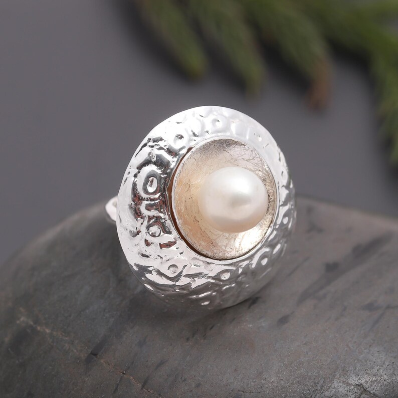Textured Sterling Silver Dome Pearl Ring | Modern Cocktail Statement ...