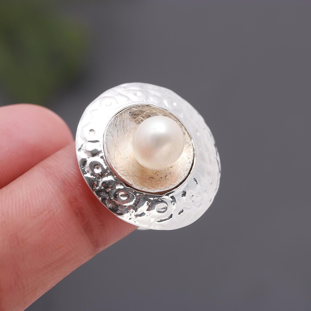 Textured Sterling Silver Dome Pearl Ring | Modern Cocktail Statement ...