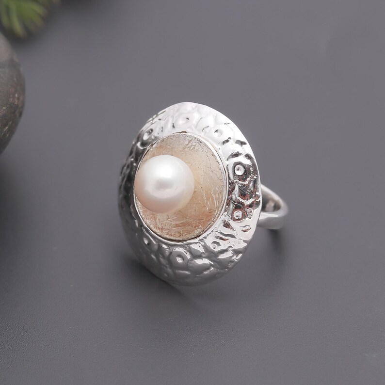 Textured Sterling Silver Dome Pearl Ring | Modern Cocktail Statement ...