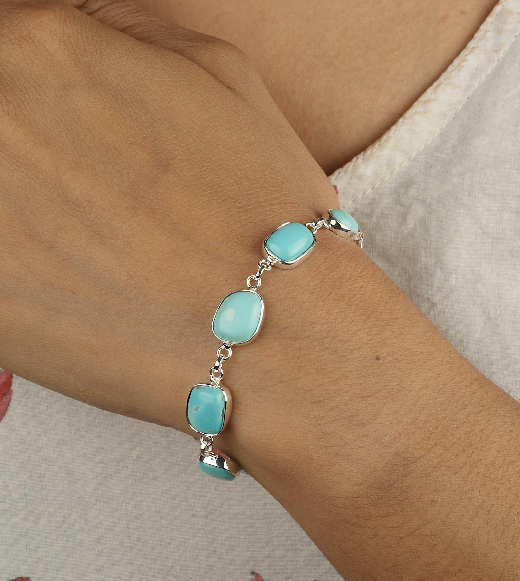 Solid 925 Sterling Silver Genuine Turquoise Bracelet 7 5 Etsy Uk