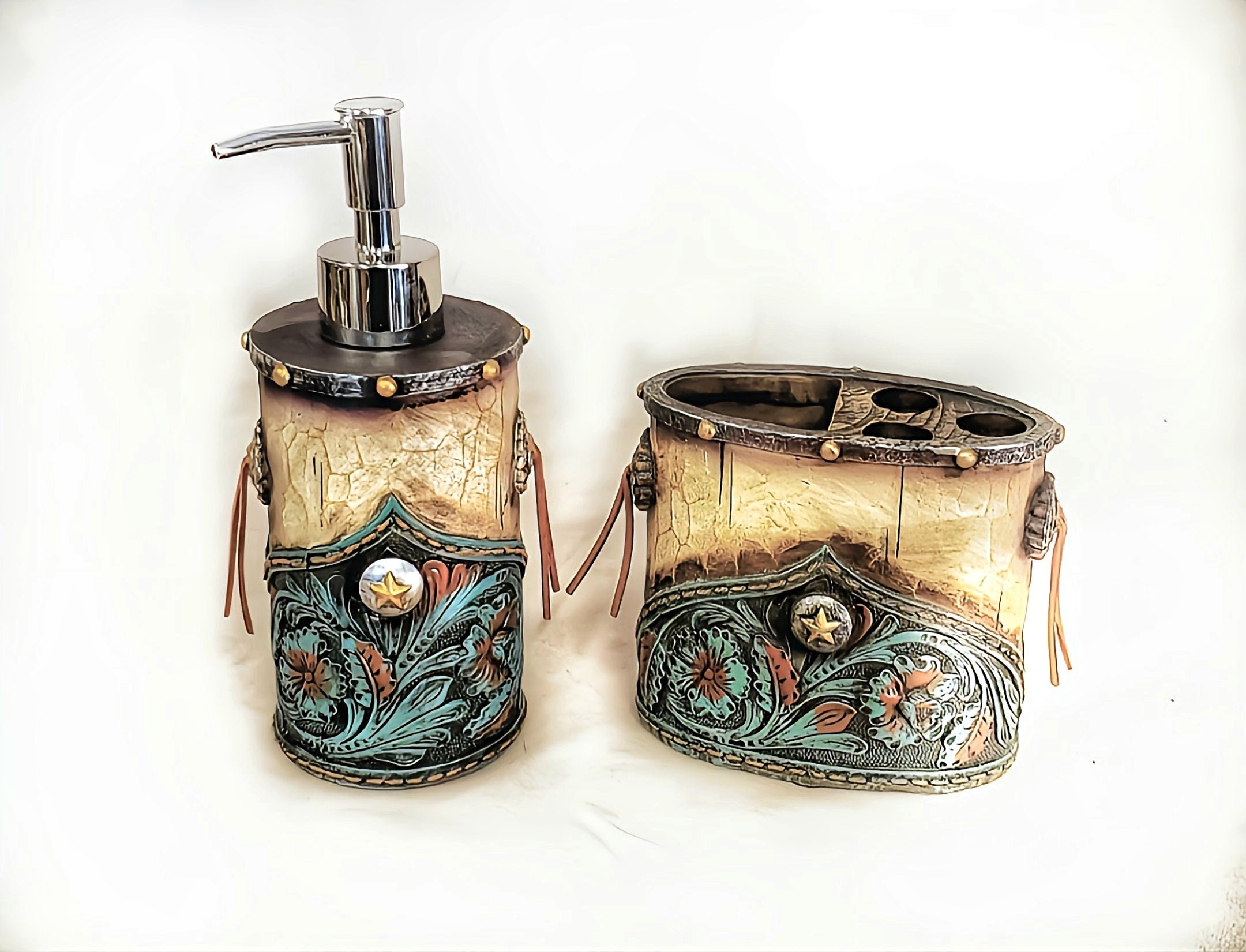 Turquoise Concho Toothbrush and Toothpaste Holder, Soap Dispenser ...