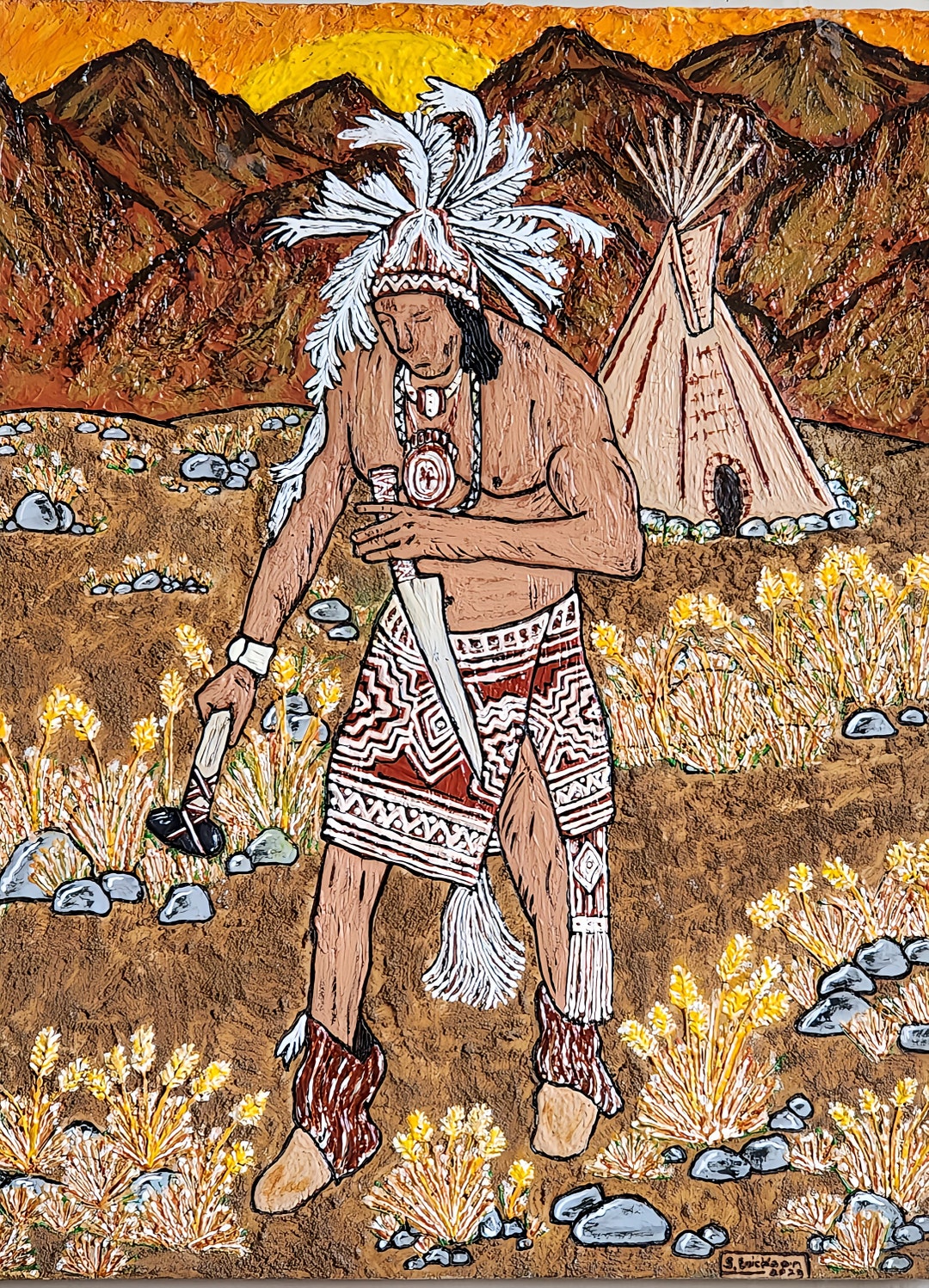 Native American Prairie Indian Painting, Wood Burned Art, Sand Painting ...