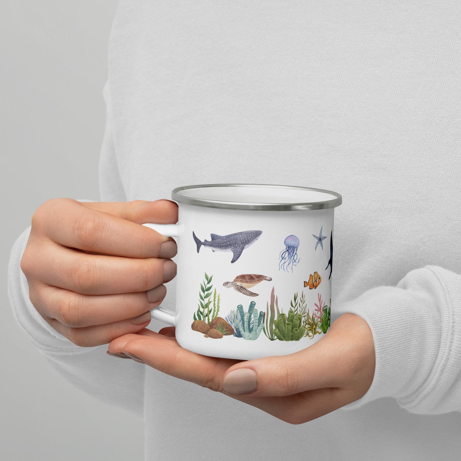 Under the Sea Enamel Mug Nautical Decor Ocean Unique Coffee Mug Shark ...