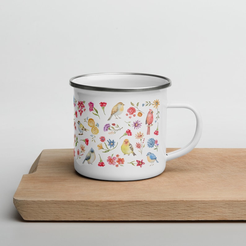 Wildflower Bird Mug Cottagecore Decor Cute Flower Enamel Mug Bird Lover ...