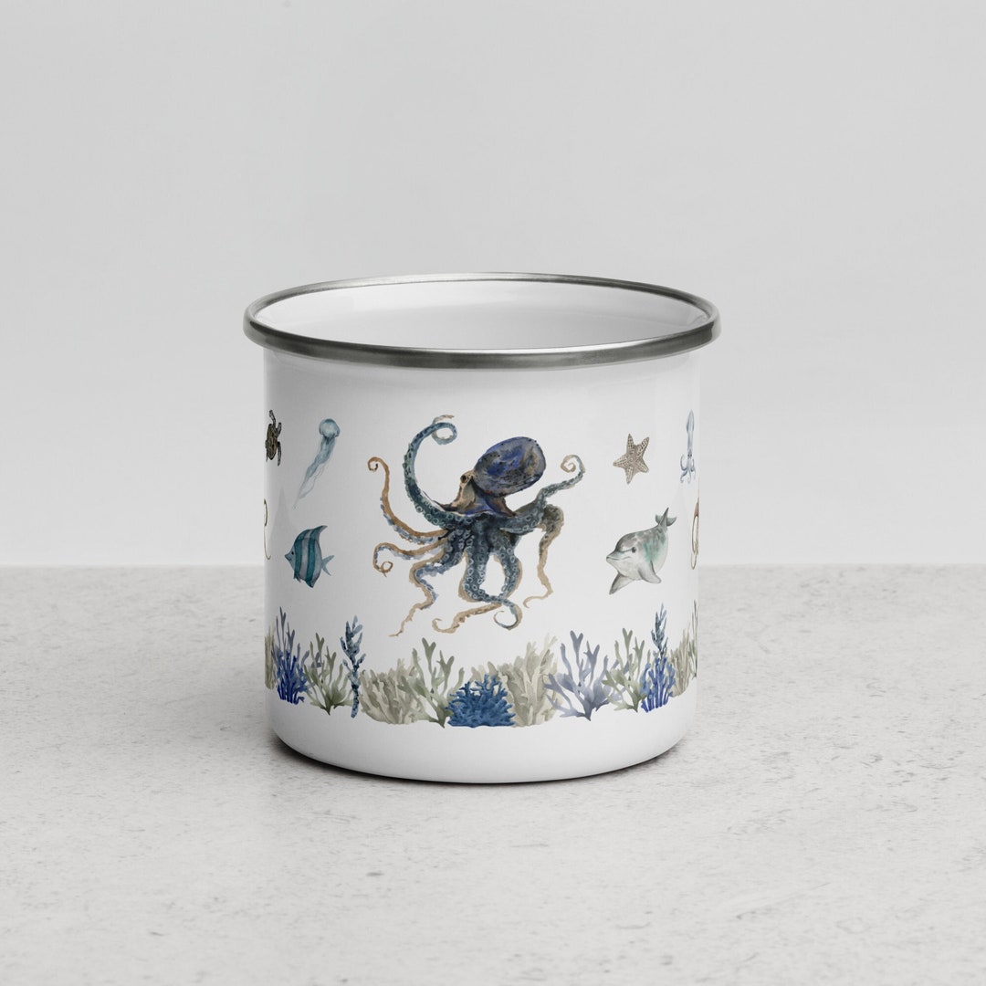 Octopus Enamel Mug Ocean Inspired Style Under the Sea Coffee Mug Beachy ...