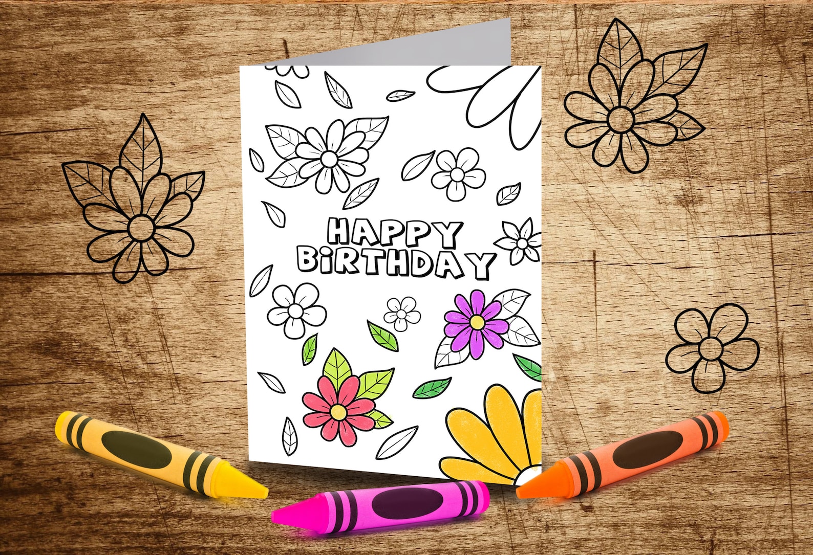 Happy Birthday Coloring Card, Printable Floral Birthday Card, Coloring ...