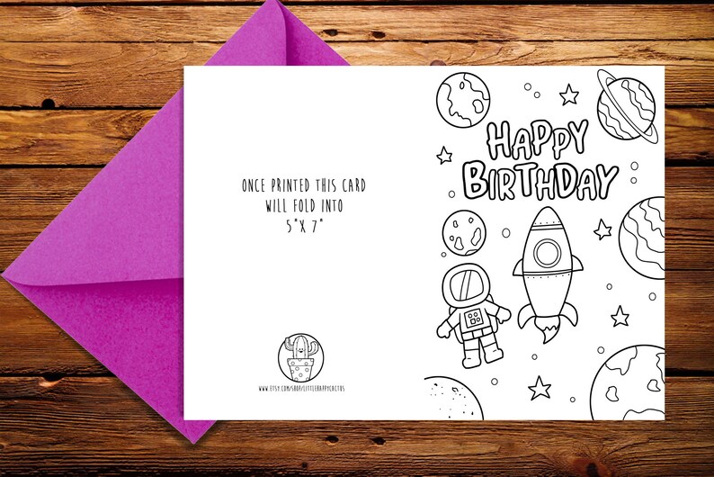 Happy Birthday Coloring Card, Printable Space Birthday Card, Coloring ...