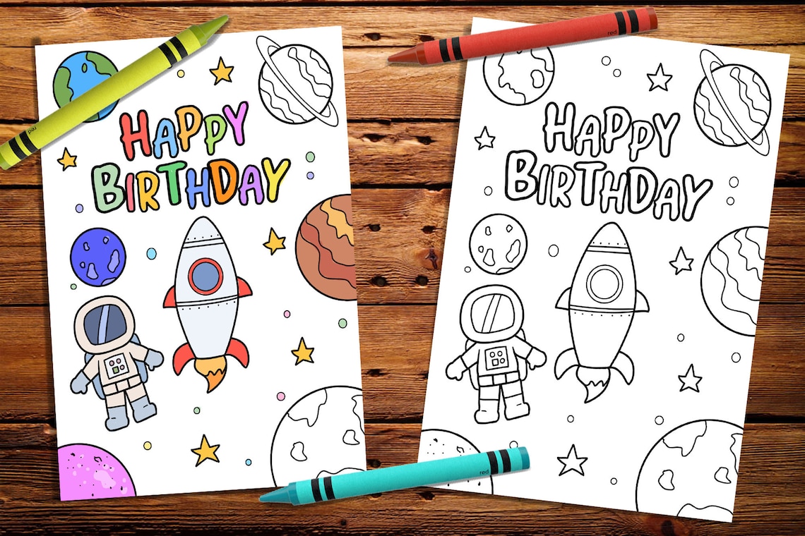 Happy Birthday Coloring Card, Printable Space Birthday Card, Coloring ...