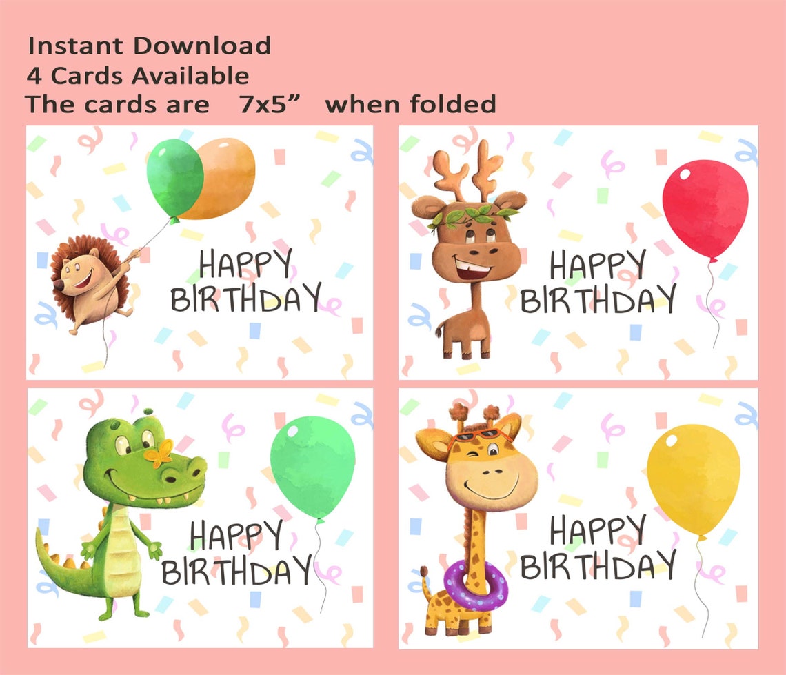 Printable Animal Birthday Cards for Kids, Instant Download, Birthday ...