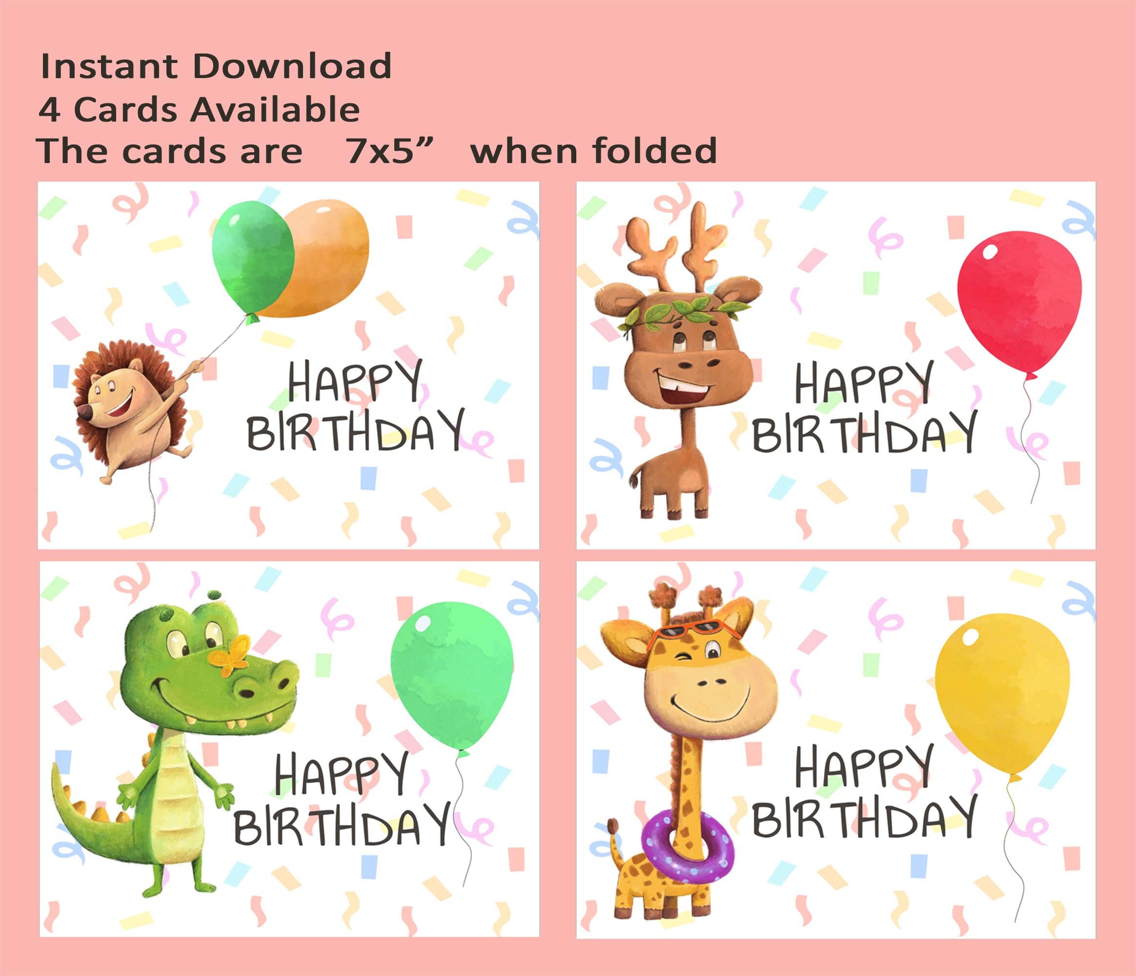 Printable Animal Birthday Cards for Kids, Instant Download, Birthday ...