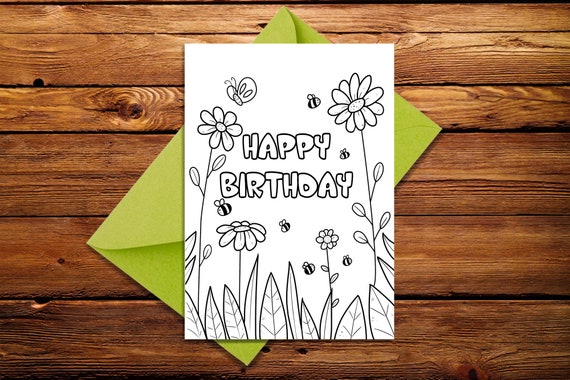 Happy Birthday Coloring Card Printable Floral Birthday Card | Etsy