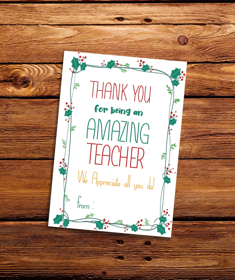 Printable Teacher Appreciation Card, Christmas Teacher Card, Instant ...