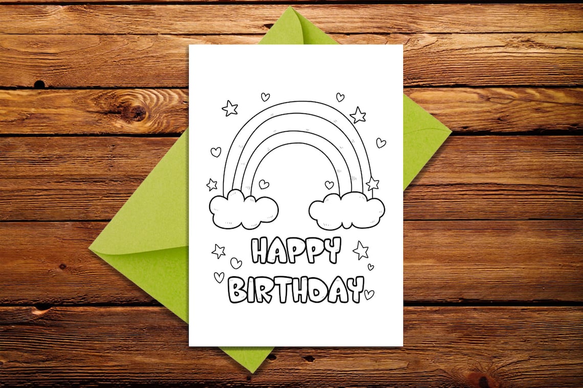 Happy Birthday Coloring Card, Printable Rainbow Birthday Card, Coloring ...