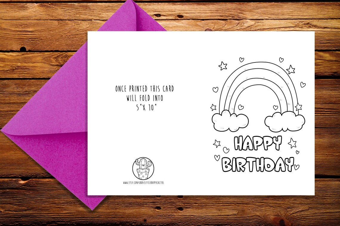 Happy Birthday Coloring Card, Printable Rainbow Birthday Card, Coloring ...