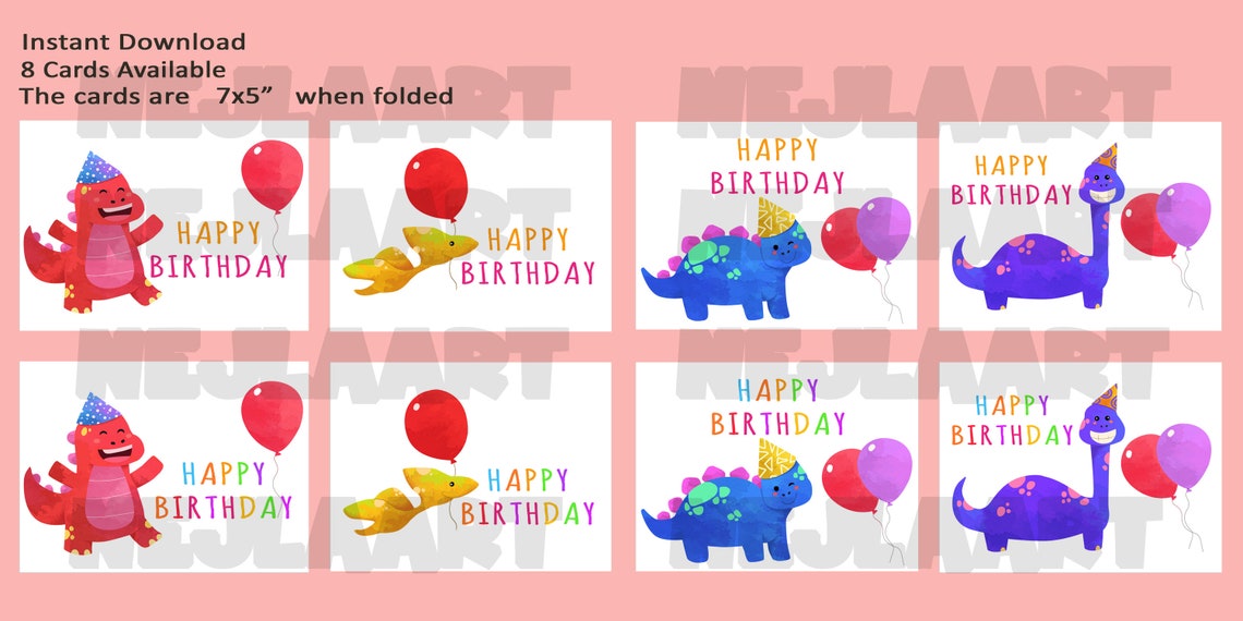 Printable Dinosaur Birthday Cards for Kids, Instant Download, Birthday ...