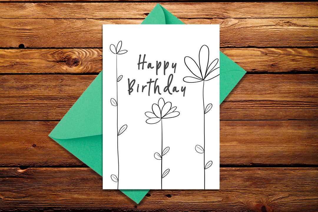 Happy Birthday Coloring Card, Printable Floral Birthday Card, Coloring ...
